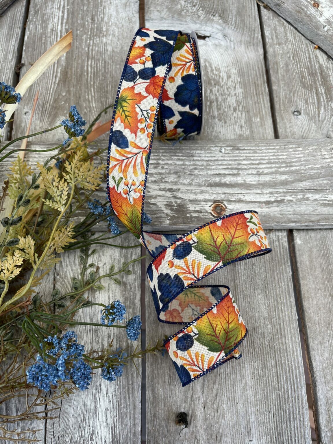 1.5" Fall Maple leaf and nut Ribbon on 10 YD Roll - Kelea's Florals