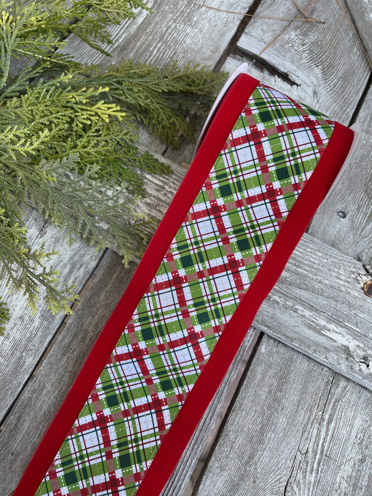 4" Green Red White and Gold Plaid Ribbon on a 10 Yd Roll - Kelea's Florals