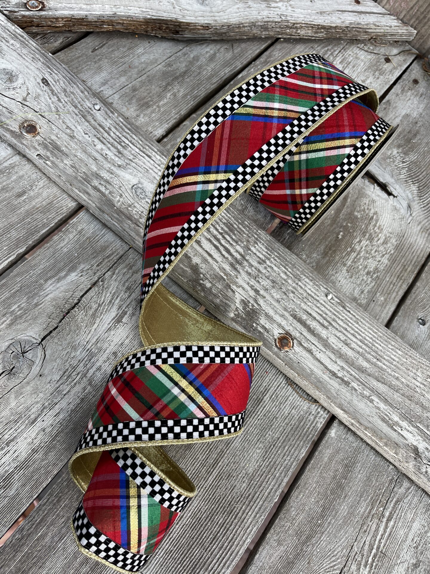 2.5" Dupioni Nutcracker Plaid Check Edge Red Green Blue Wired Ribbon on ...