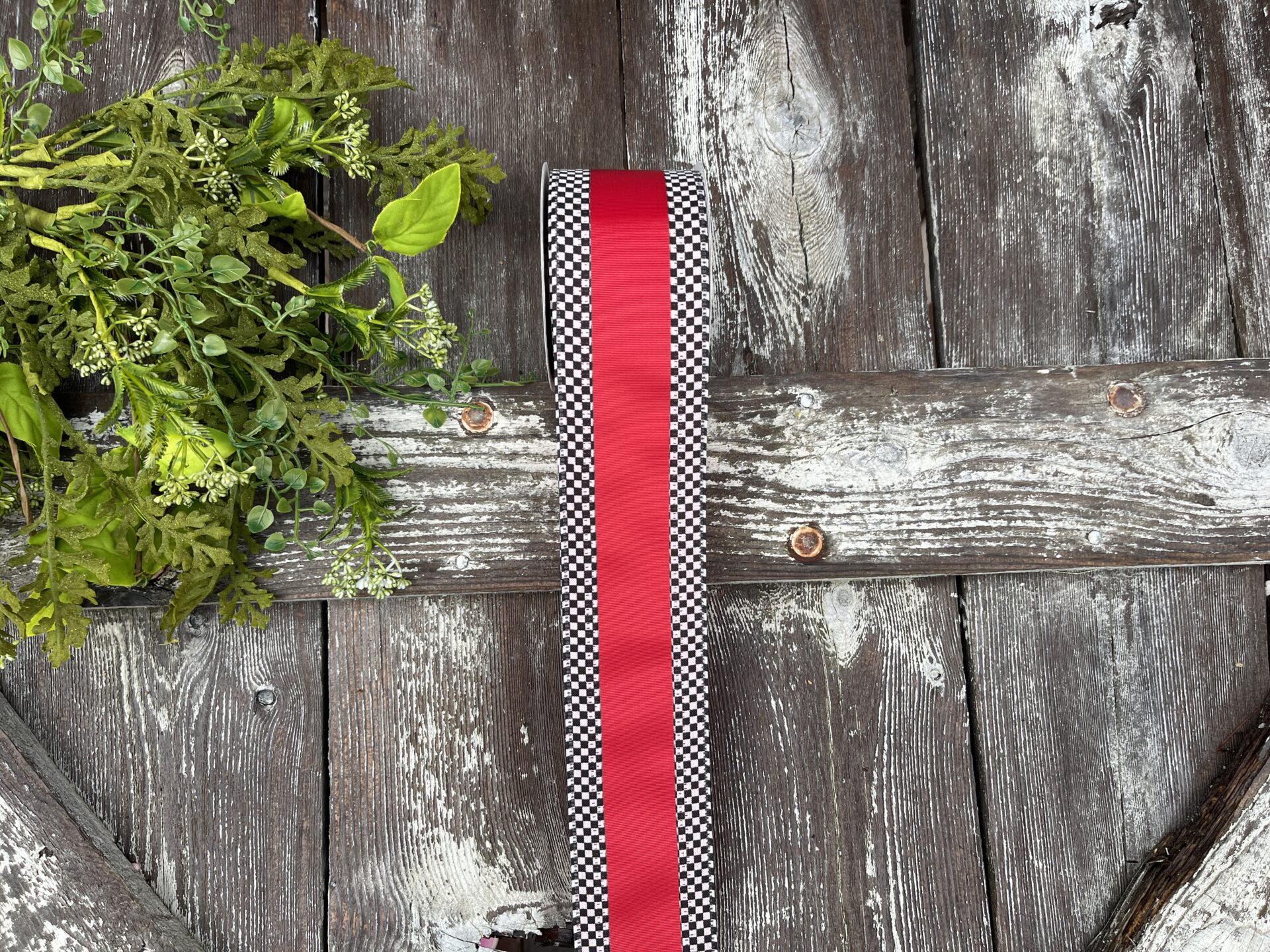 2.5" Red Satin with Black and White Check Trim Ribbon on 10 Yard Roll ...