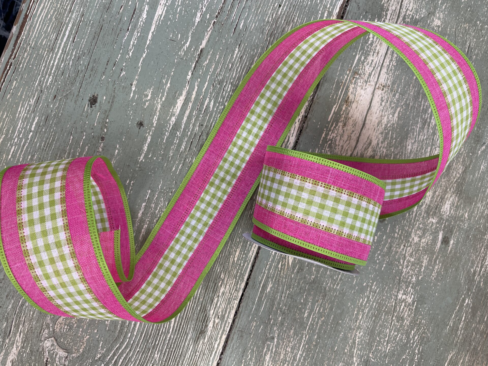 2.5" Green Gingham Pink Edge Green Trim Wired Ribbon on 10 Yard Roll - Kelea's Florals