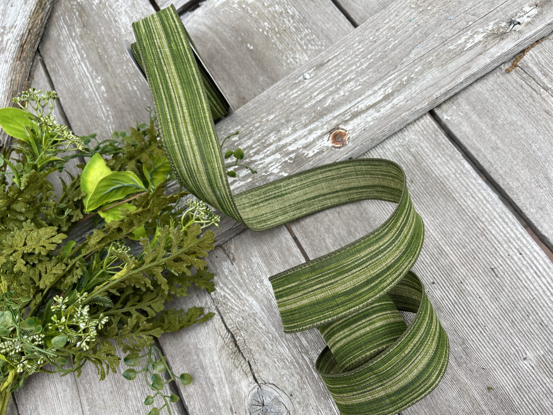 1.5" Moss Green Watercolor Stripe Wired Ribbon, 10 Yards - Kelea's Florals