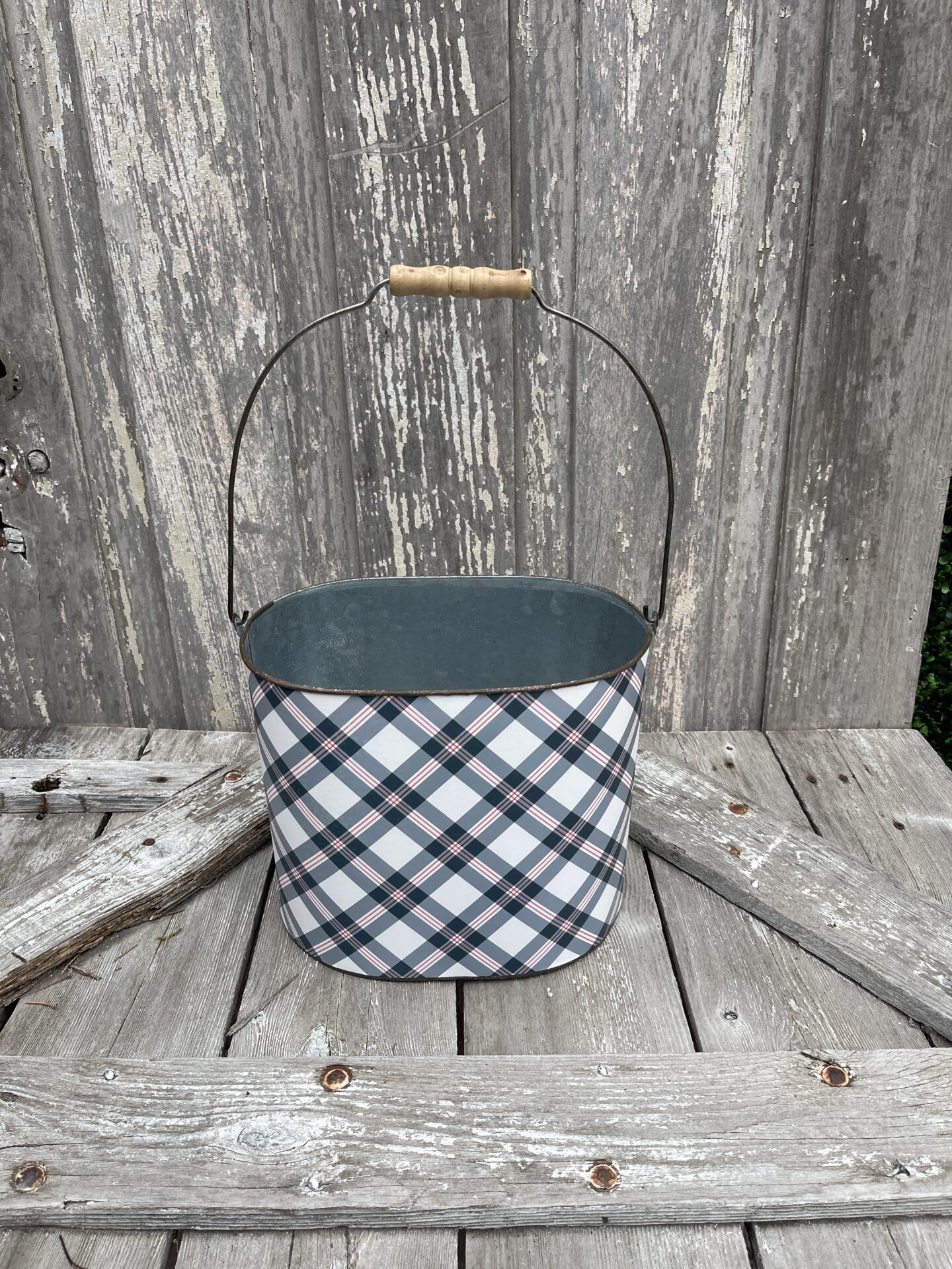 Tartan Plaid Bucket with Wooden Handle- Large - Kelea's Florals