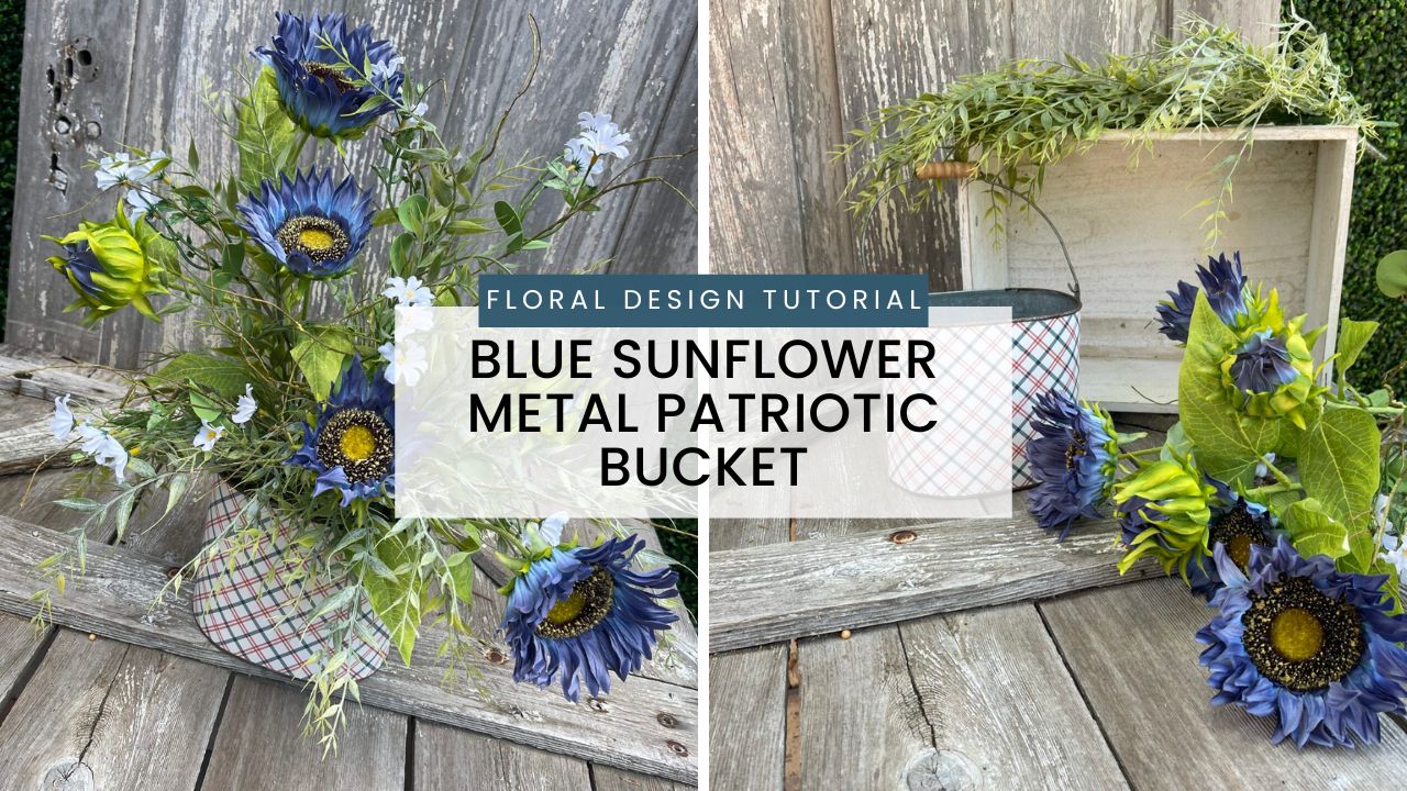 Blue Sunflower Metal Patriotic Bucket - Kelea's Florals