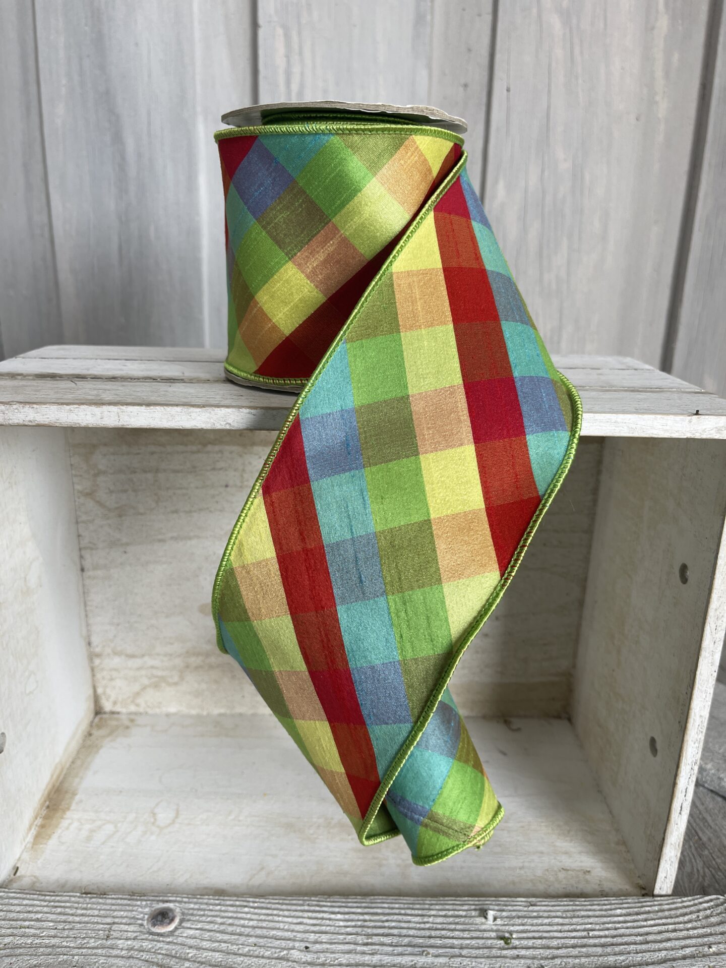 4" Multi Colored Plaid Diagonal Deluxe Dupioni Backed Wired Edge Ribbon ...