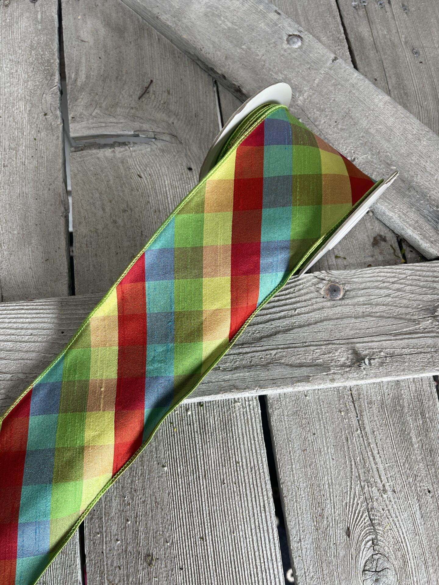 4" Multi Colored Plaid Diagonal Deluxe Dupioni Backed Wired Edge Ribbon ...