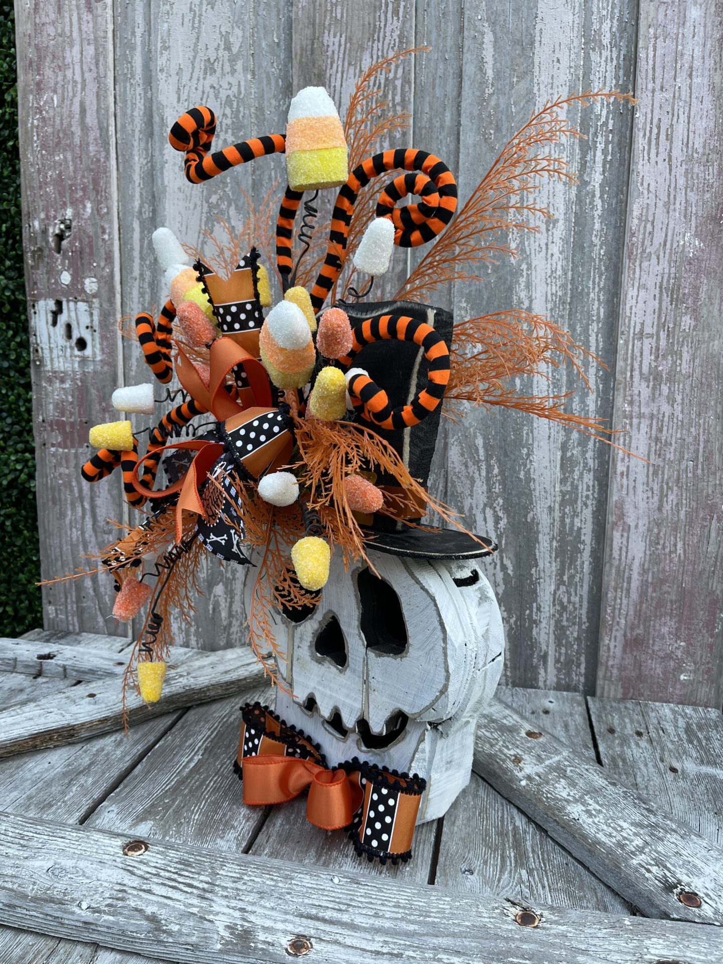 Skeleton Head Candy Corn Halloween Arrangement – Whimsical Spooky ...
