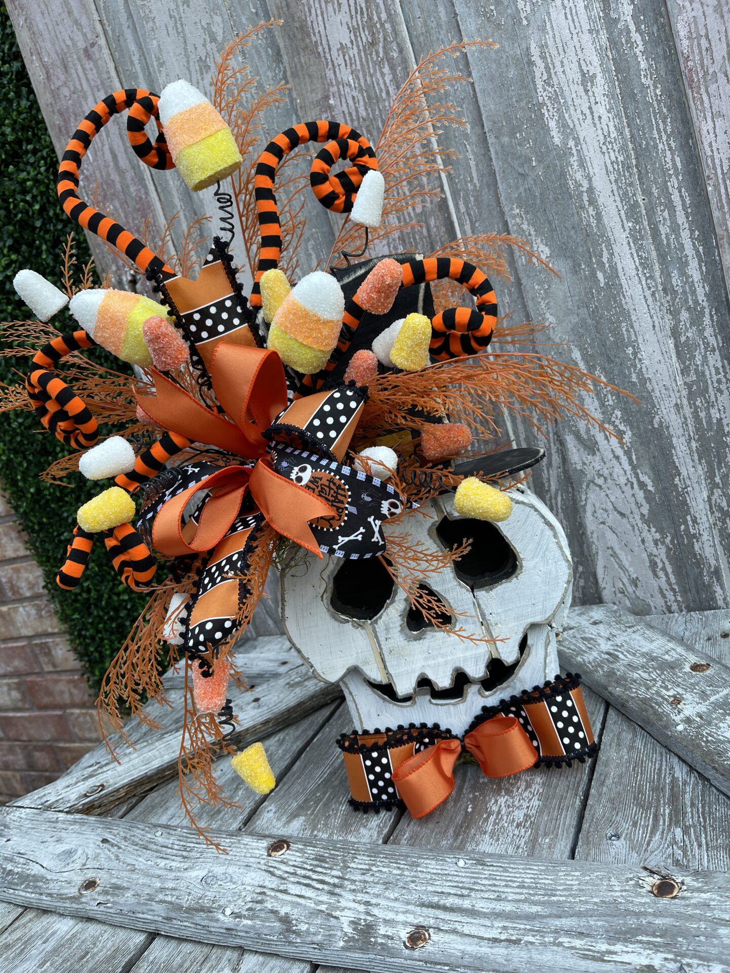 Skeleton Head Candy Corn Halloween Arrangement – Whimsical Spooky ...
