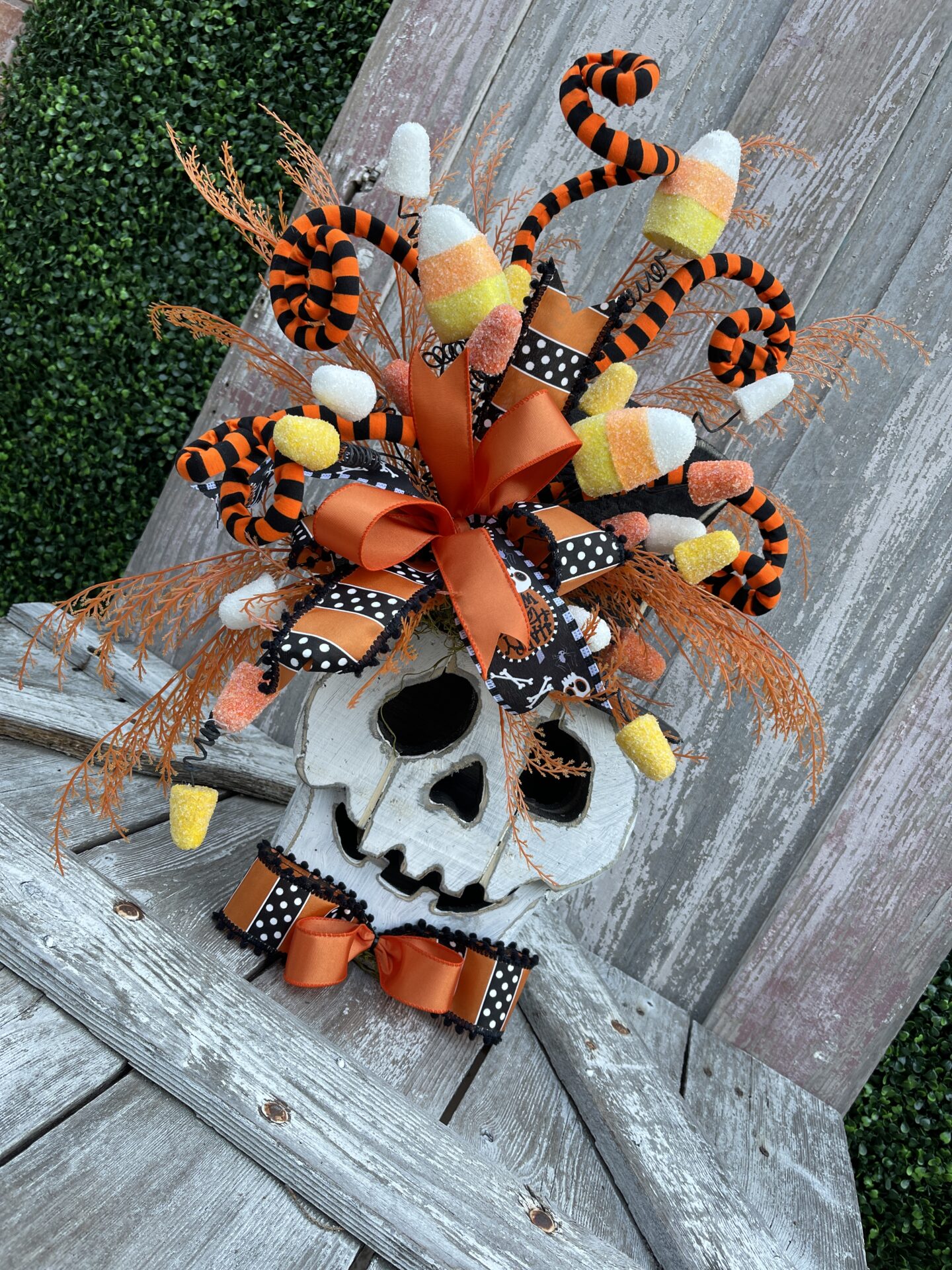 Skeleton Head Candy Corn Halloween Arrangement – Whimsical Spooky ...