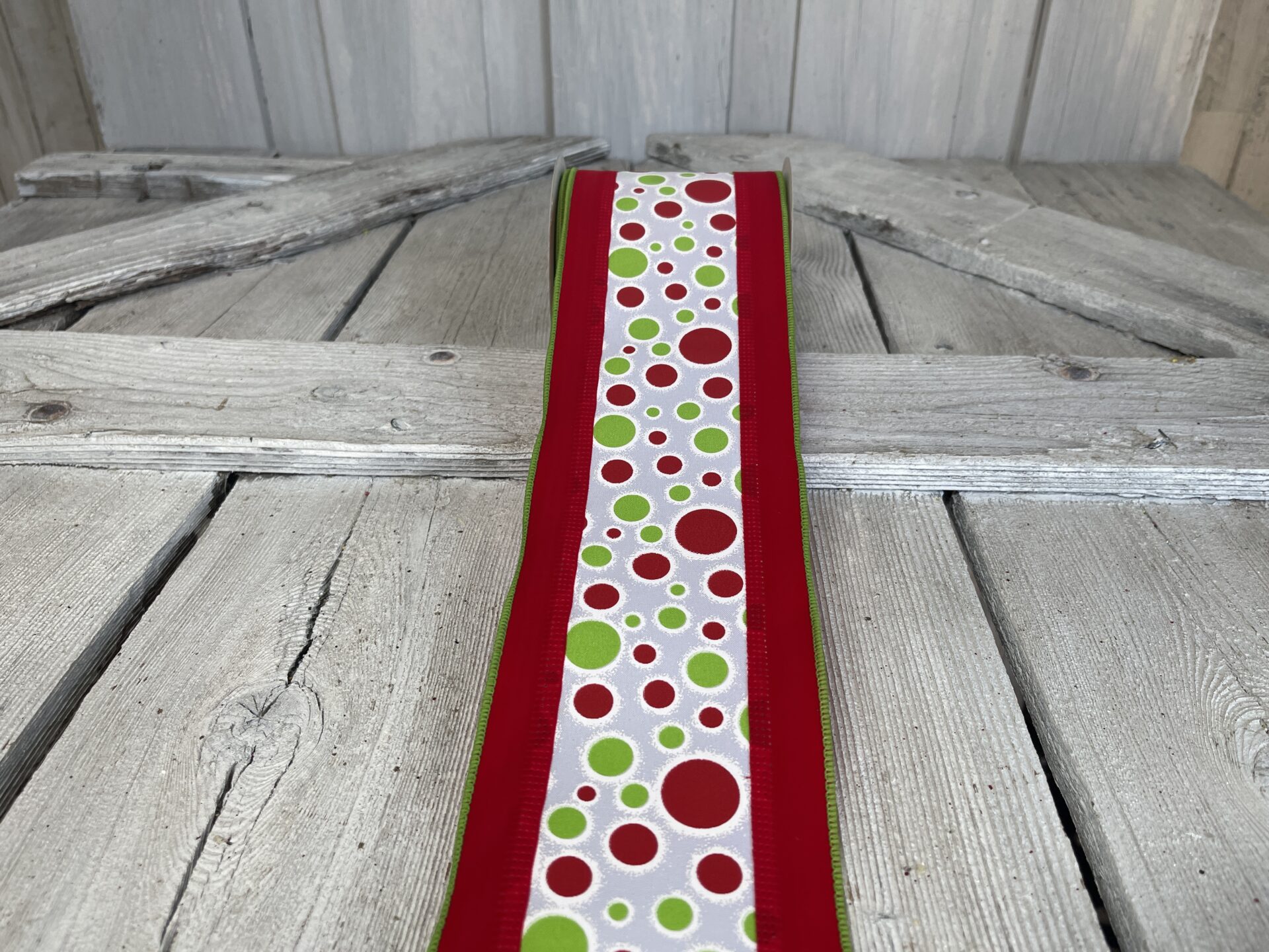 4" White Red Lime Dots with Red Velvet Edge Ribbon on a 10 Yard Roll ...