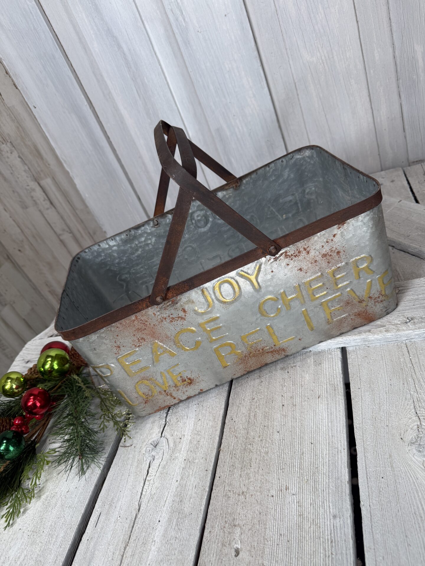 Large Metal Joy Peace Believe Metal Basket - Kelea's Florals